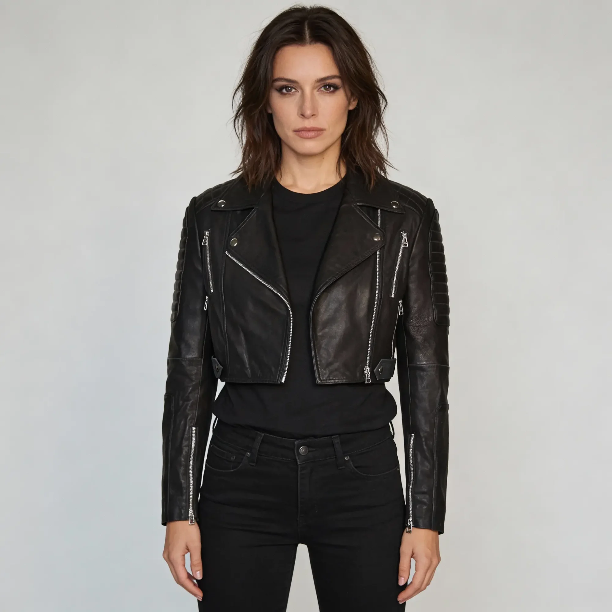 Women's Black Short Cropped Biker Leather Jacket | Urban Leather Jackets